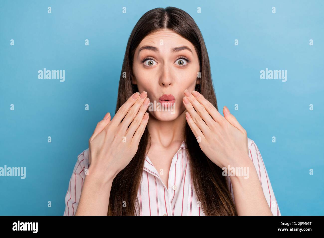 Portrait of attractive stunned girl good news reaction oops pout lips ...
