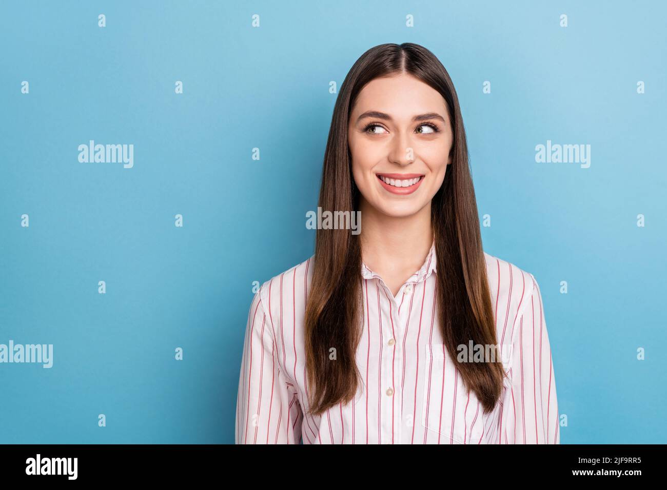 Photo of dreamy shiny lady dressed pink shirt smiling looking empty ...