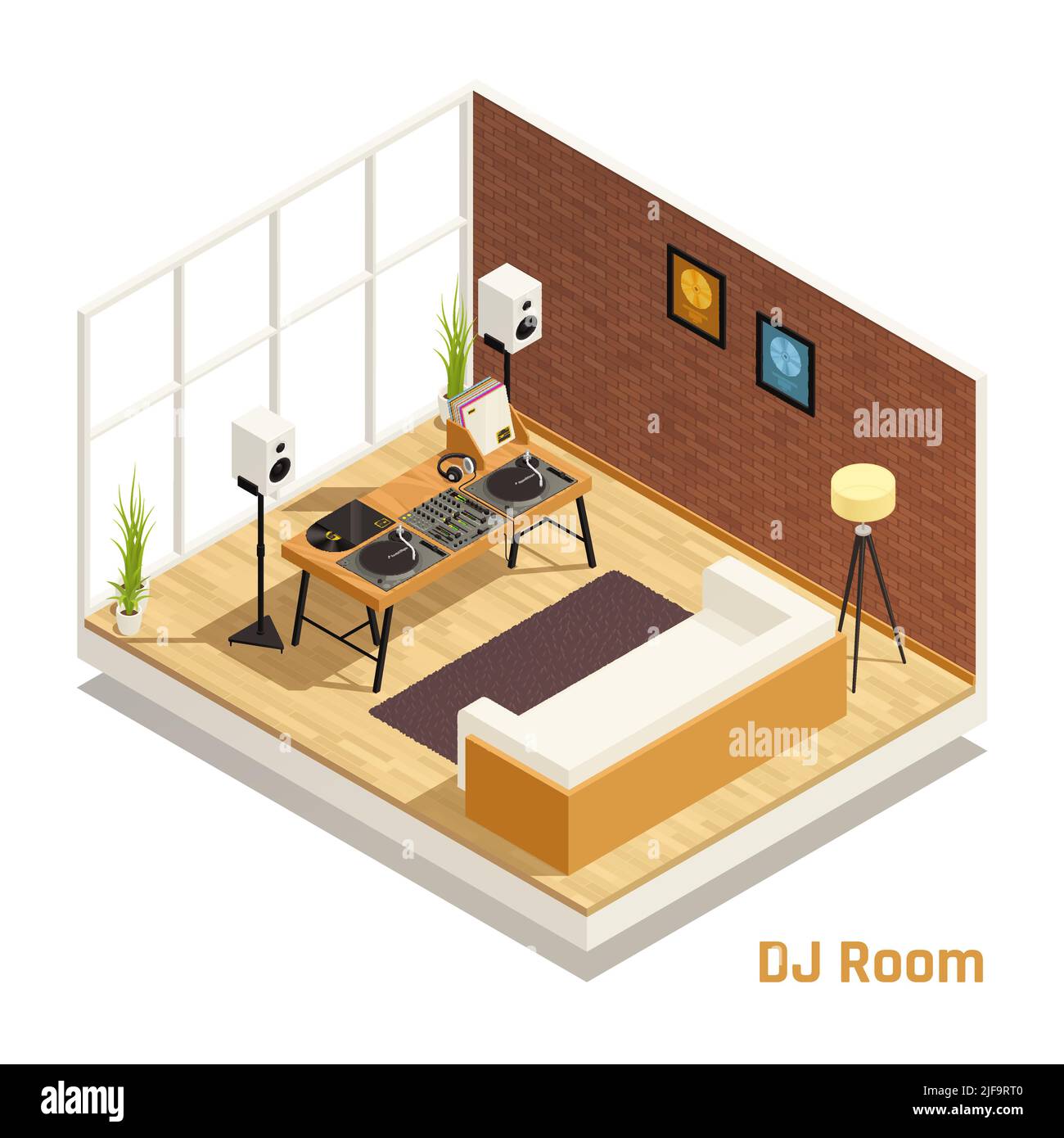 DJ set in living room isometric interior view with speakers vinyl ...