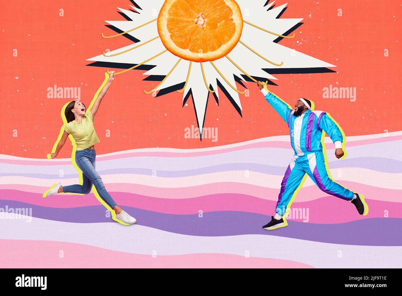 Composite collage portrait of two people running hand raise touch big ...