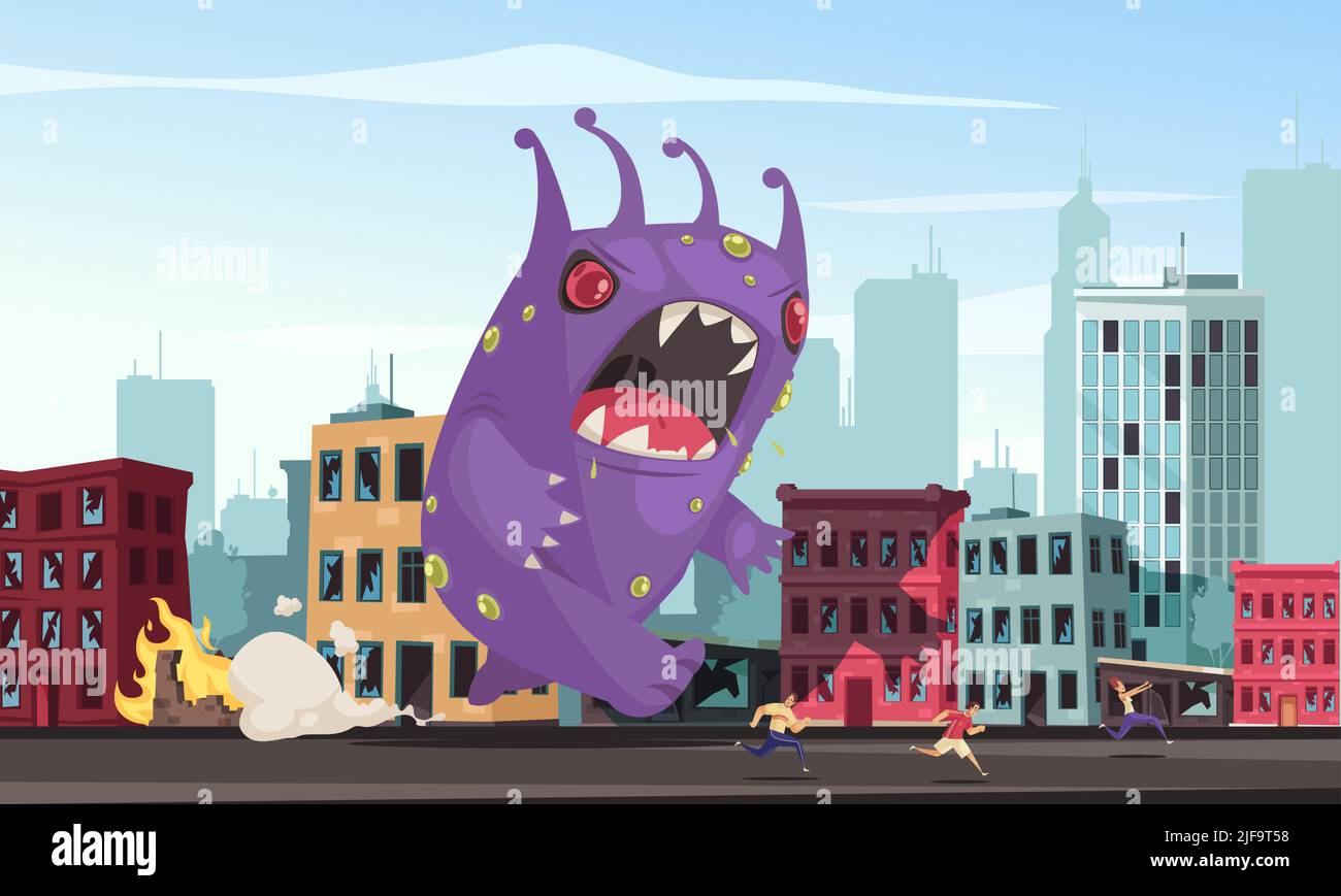 Purple monster attacking city cartoon vector illustration Stock Vector ...
