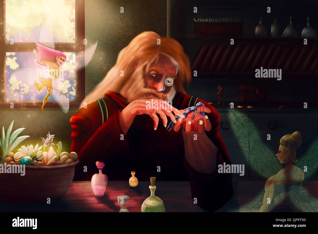an old wizard is healing a fairy in his magical room Stock Photo - Alamy