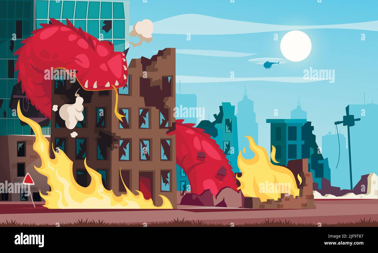Cartoon attacking giant worm destroying building vector illustration ...