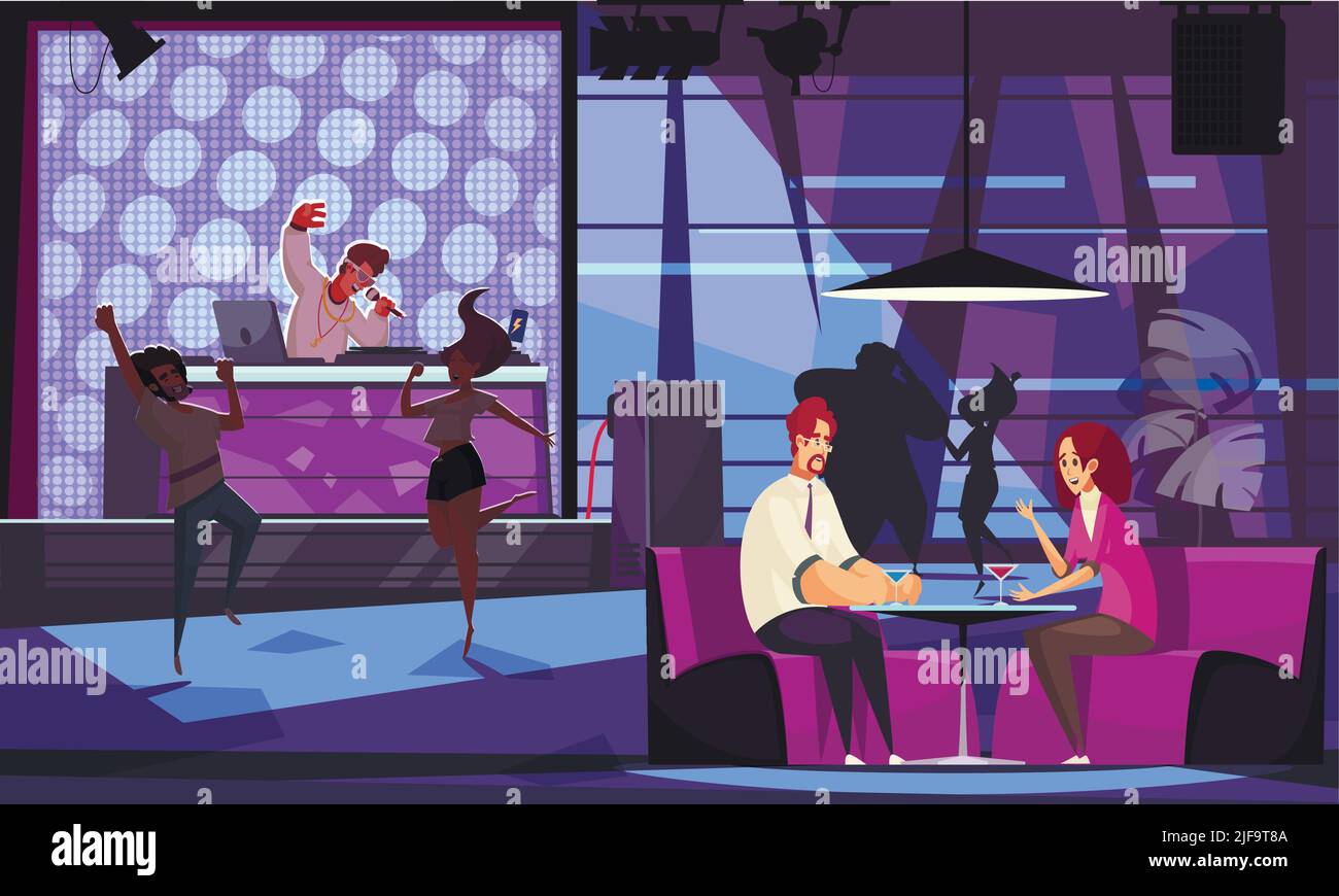 People dancing and relaxing in bar with dj and live music cartoon ...