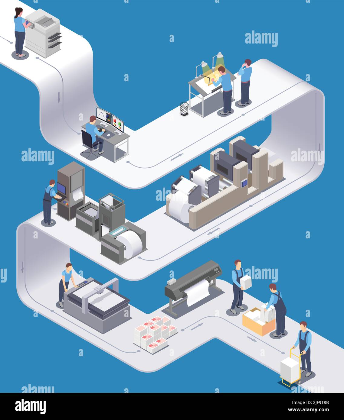 printing house isometric background with office staff working with ...