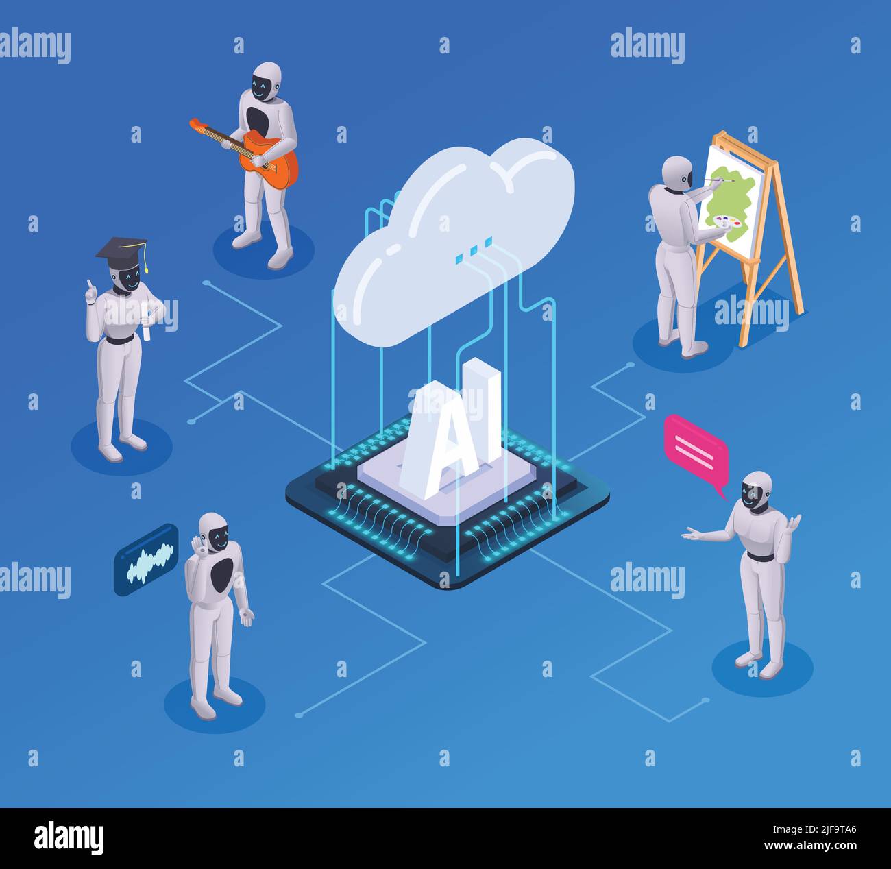 Artificial intelligence isometric composition with isolated characters of robots activities with ...