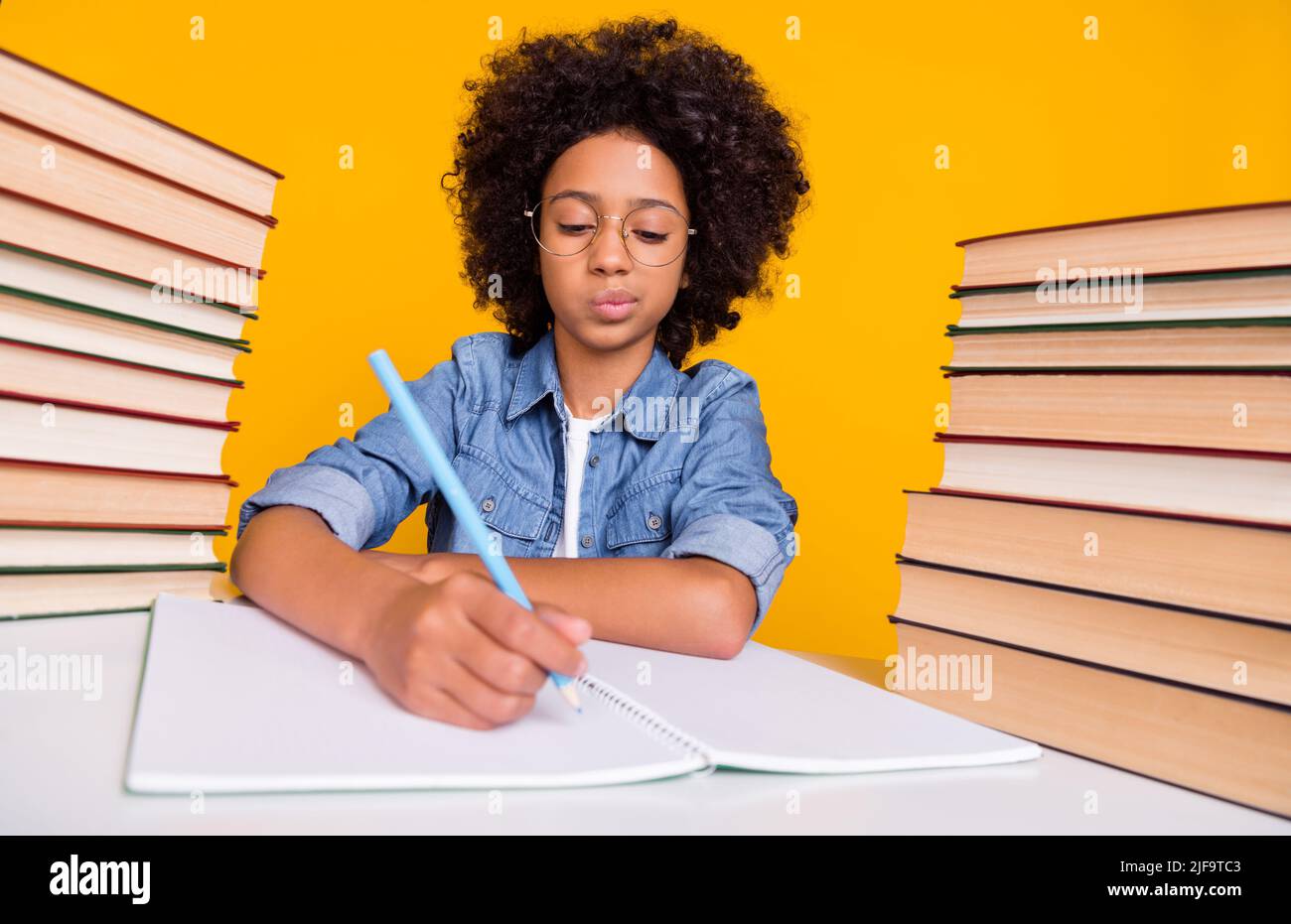 Portrait of attractive focused teen girl writing domestic work task ...