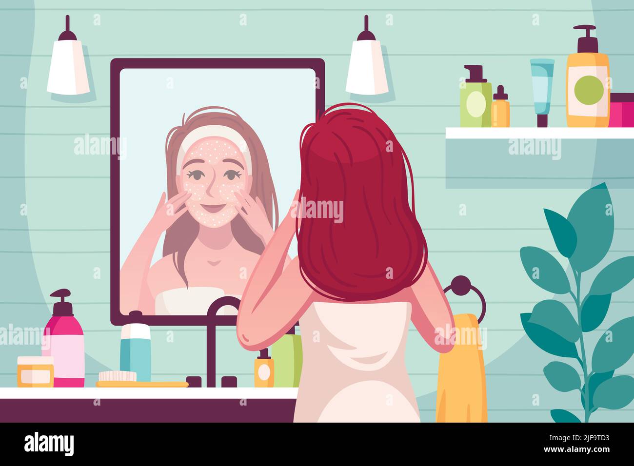 Skin care cartoon composition with young woman in bathroom smoothing ...
