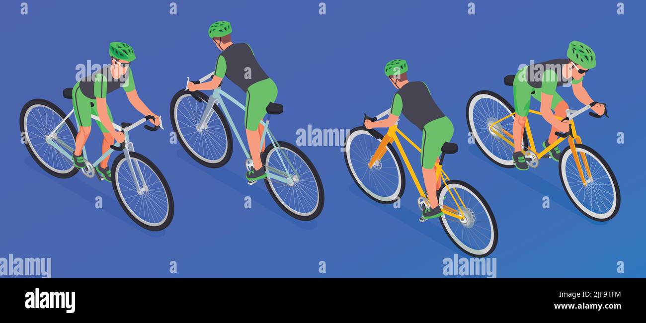 Sport cycling isometric set of isolated bike rider characters on road ...