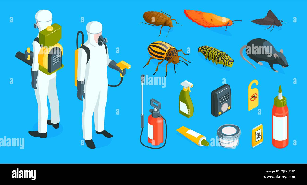 Isometric pest control color set with icons of chemicals detergents ...