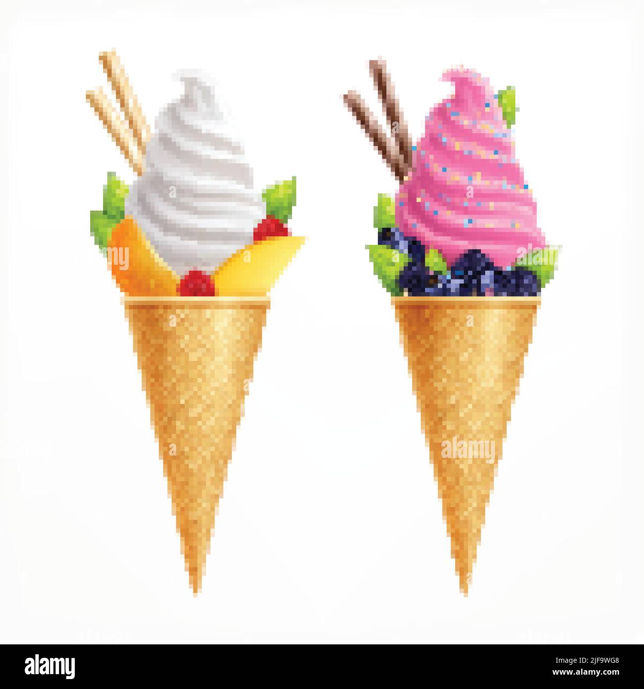 Ice cream realistic set of two waffle cones of vanilla and fruit taste ...
