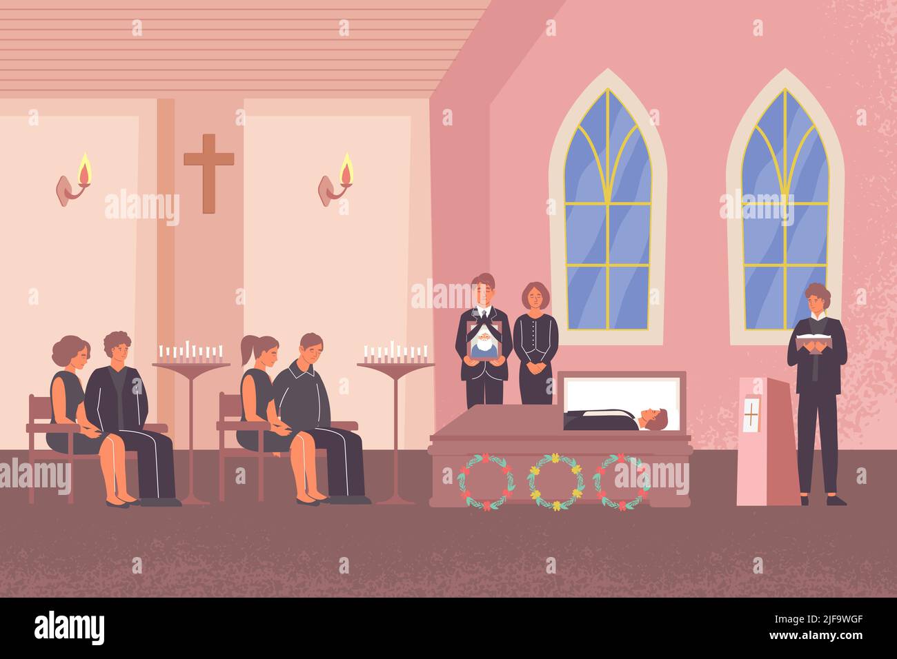 Funeral flat composition with indoor church scenery and pastor ...