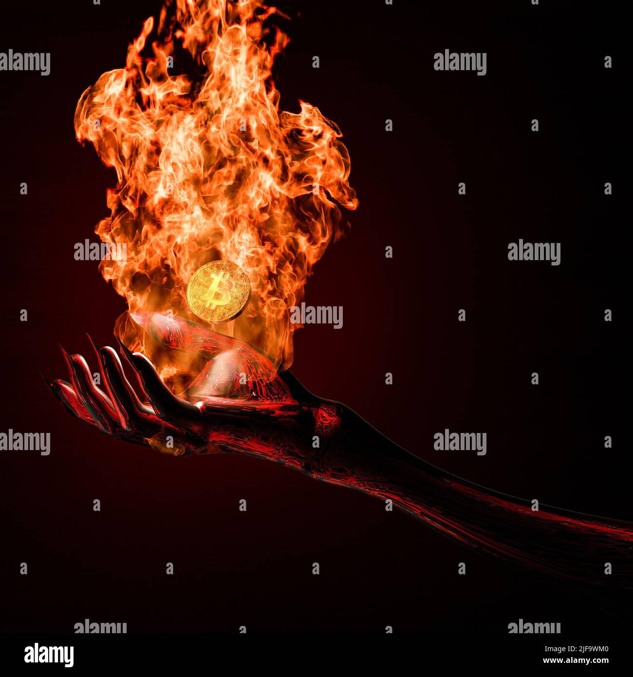 3D Rendering of a Devil Hand Burns a Golden Bitcoin with Hot Flame ...