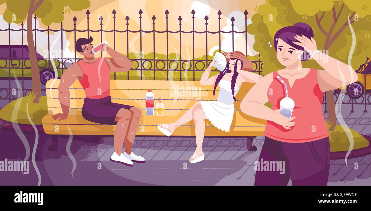 Weather heat composition with flat city park scenery and suffering ...