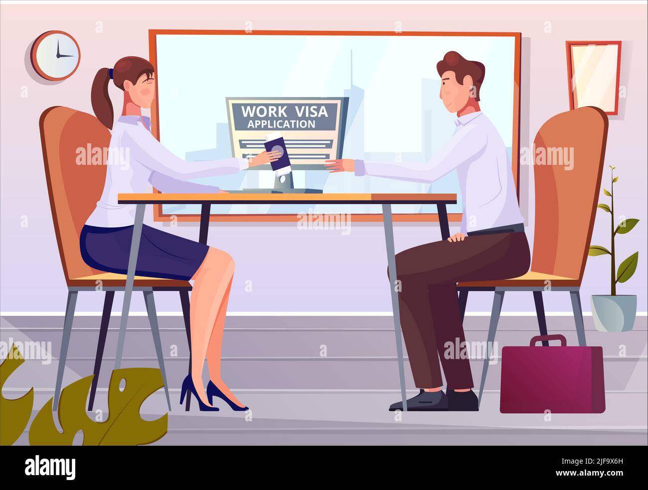 Work visa flat composition with indoor office scenery and foreign ...