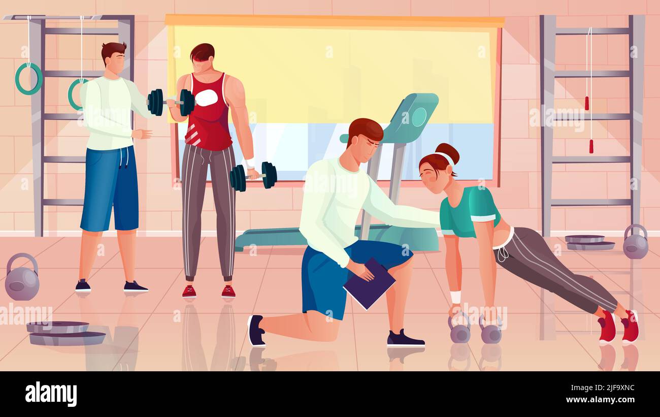 Bodybuilding trainer flat composition with indoor gym interior ...