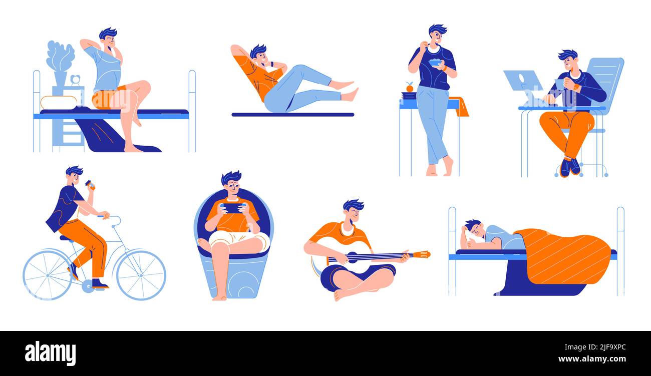 Man daily routine set of isolated icons with male human characters ...
