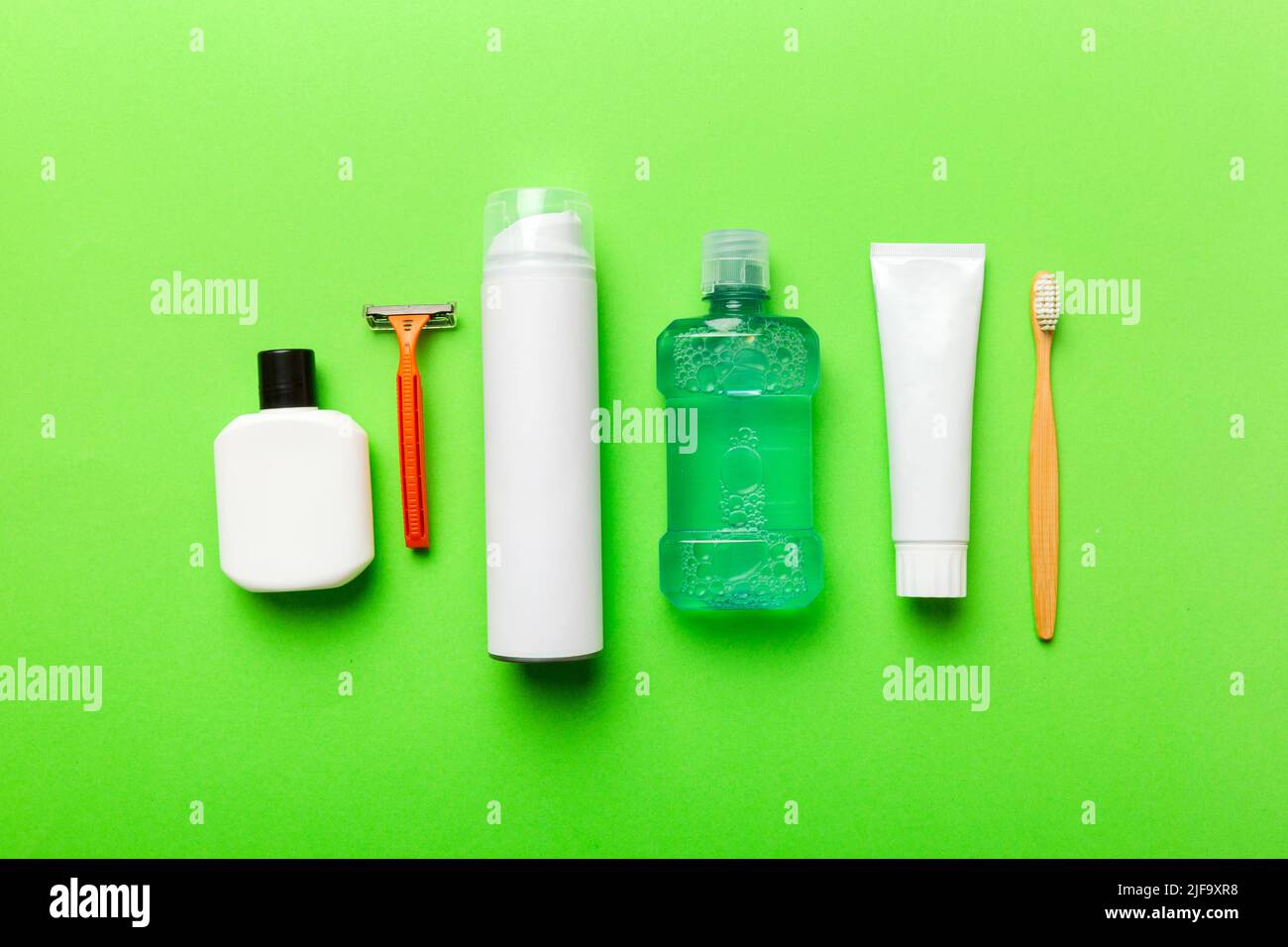 Mockup for bathing products top view flat lay, spa razor, toothpaste ...
