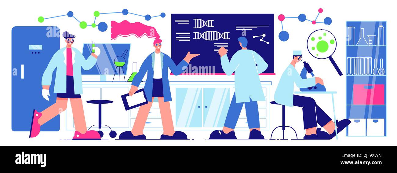 Scientists horizontal illustration with male and female characters ...