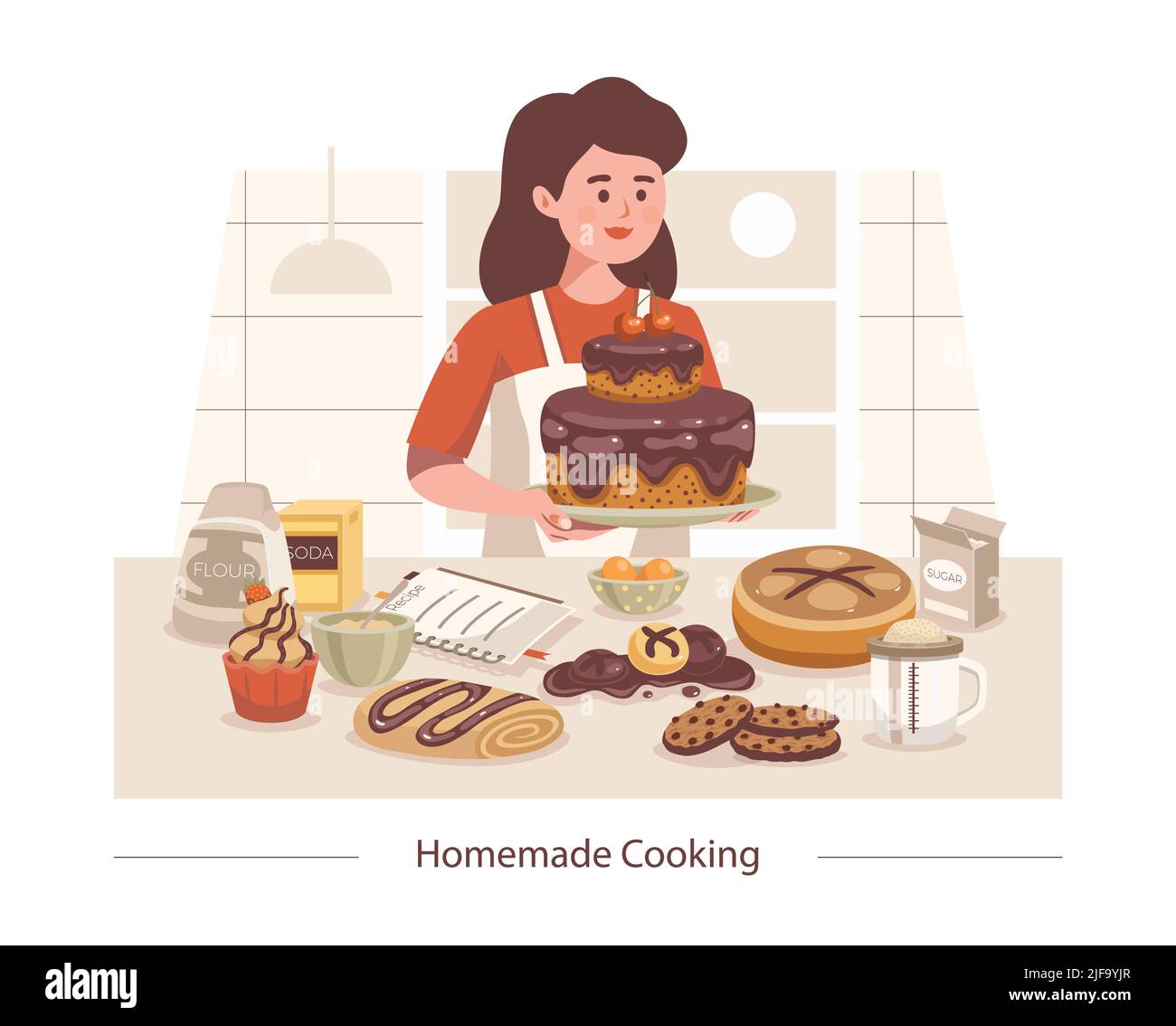 Cooking homemade composition with female cook character with table and ...