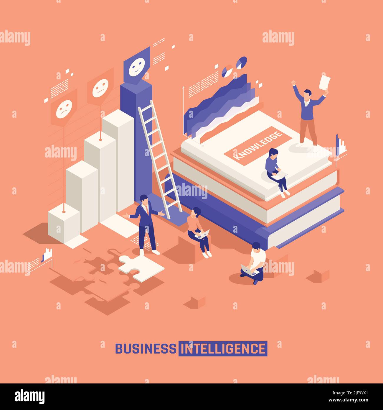 Business intelligence isometric background with group of creative staff ...
