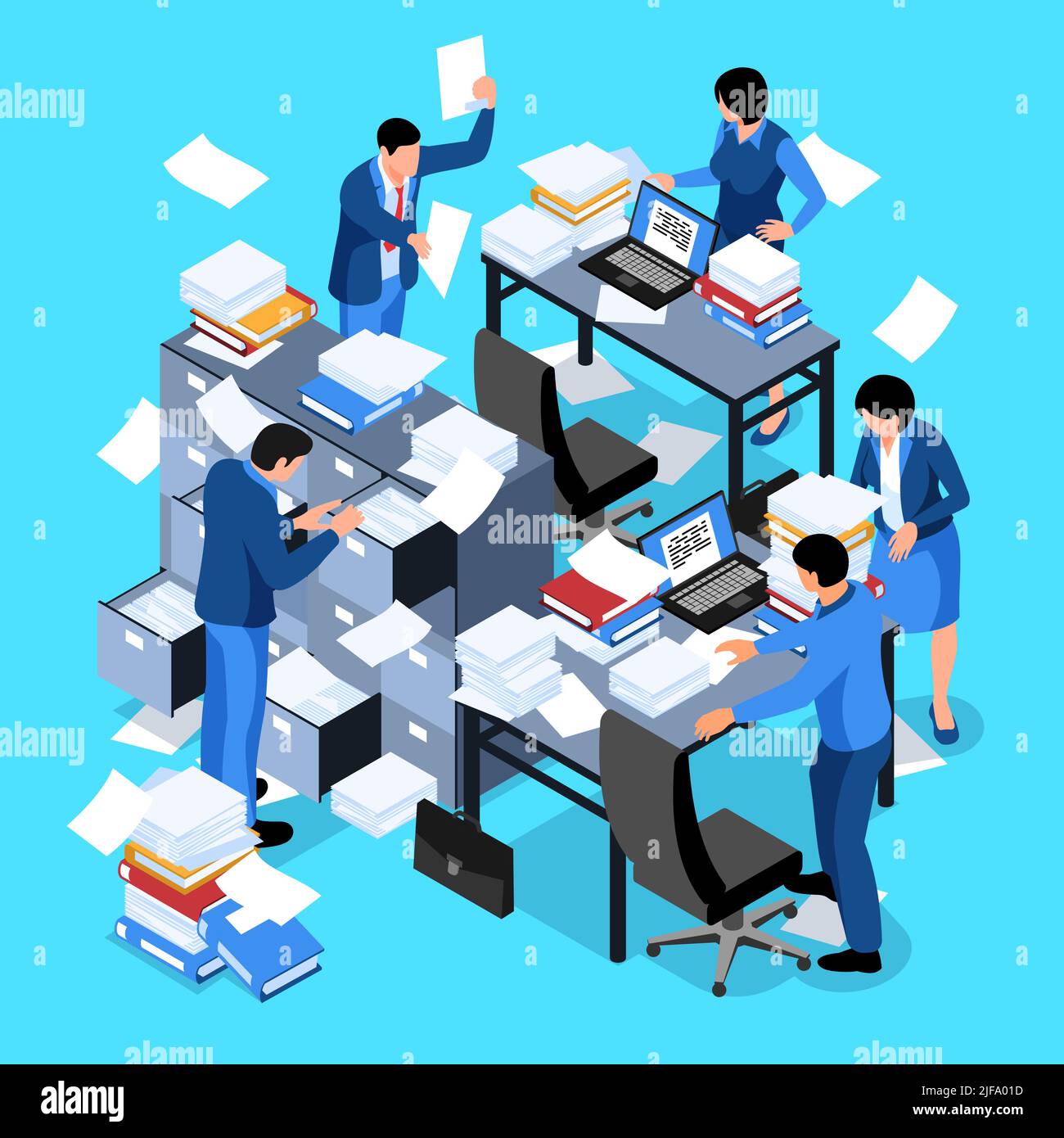 Isometric unorganized office work composition with flying paper sheets ...