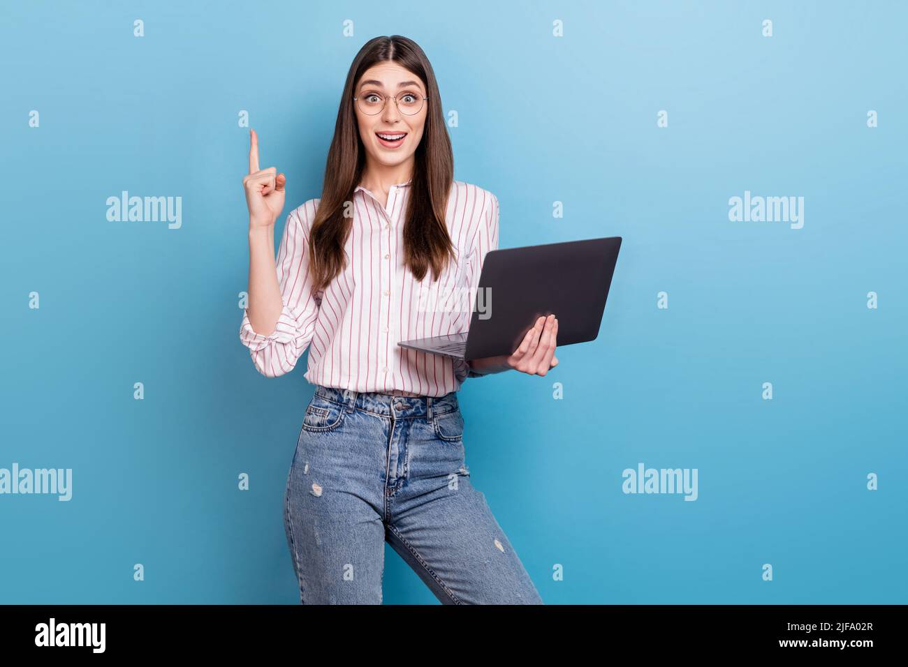 Photo of cute smart lady dressed pink shirt glasses communicating ...