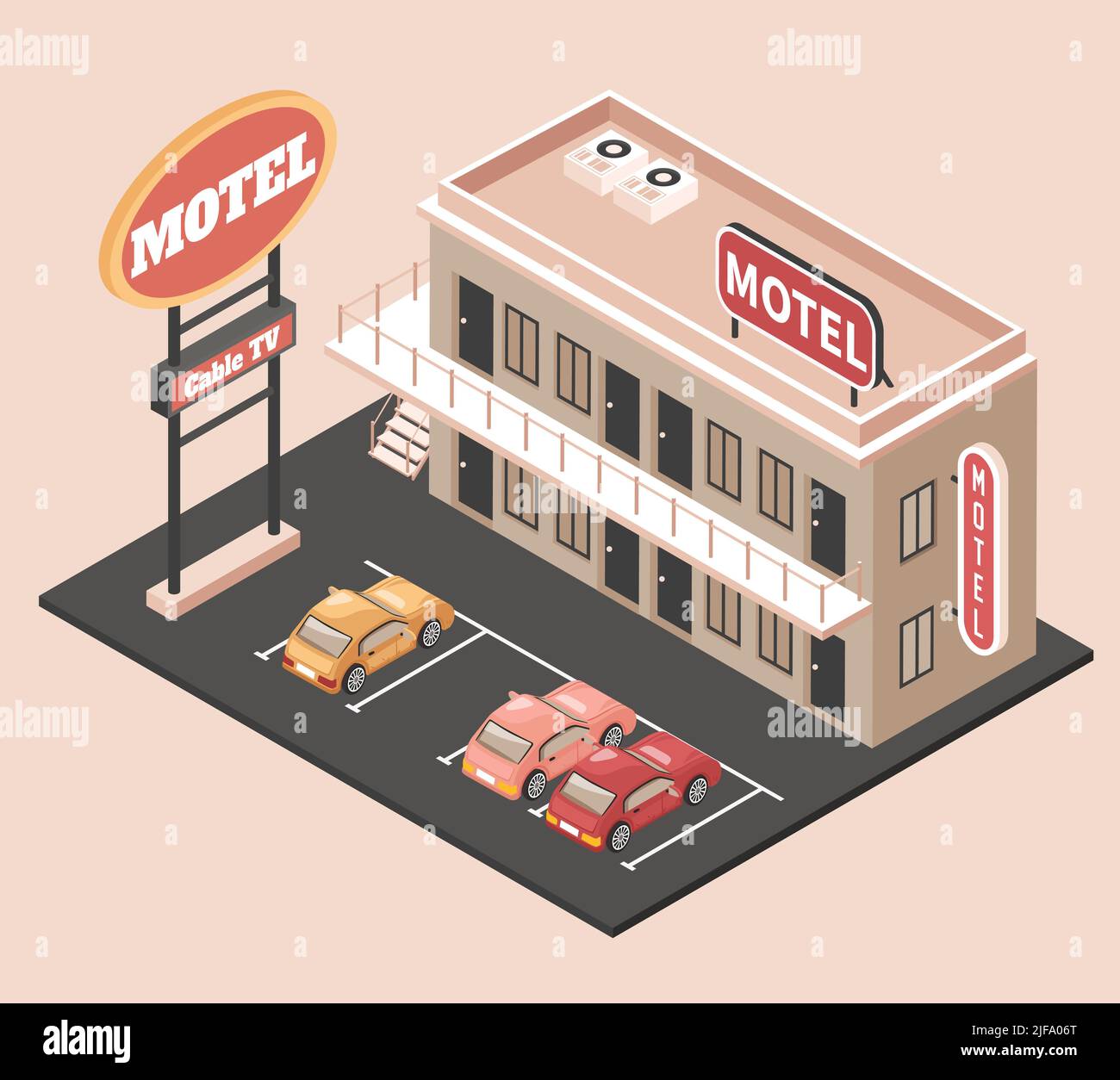 Motel color concept with parking billboard and cars isometric vector ...