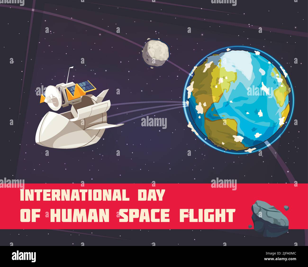 International day of human space flight colored poster with spaceship ...