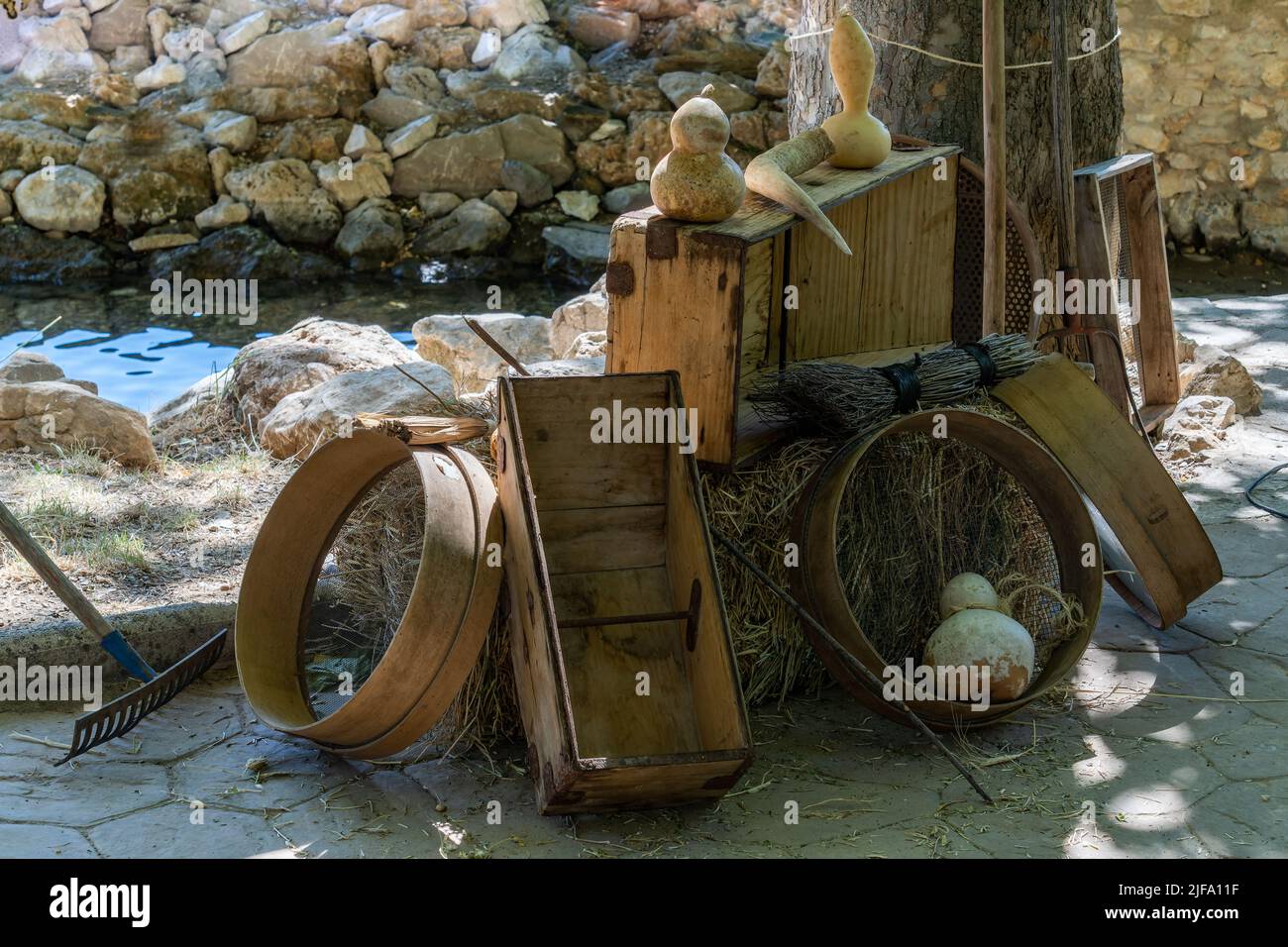 set of traditional wooden agricultural tools Stock Photo - Alamy