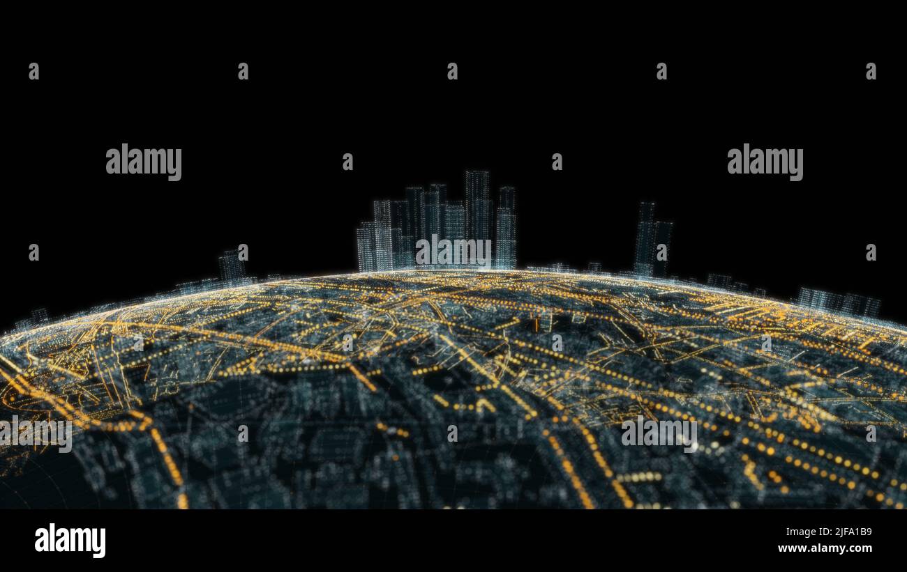 Spectacular aerial view of 3d city with bright glowing roads Stock ...