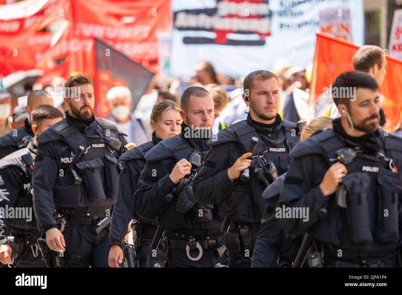 Police in riot gear on demonstration. Keep violent protesters at G7 ...