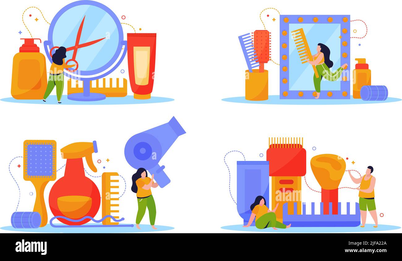 Hair care flat set of four isolated compositions with human characters ...