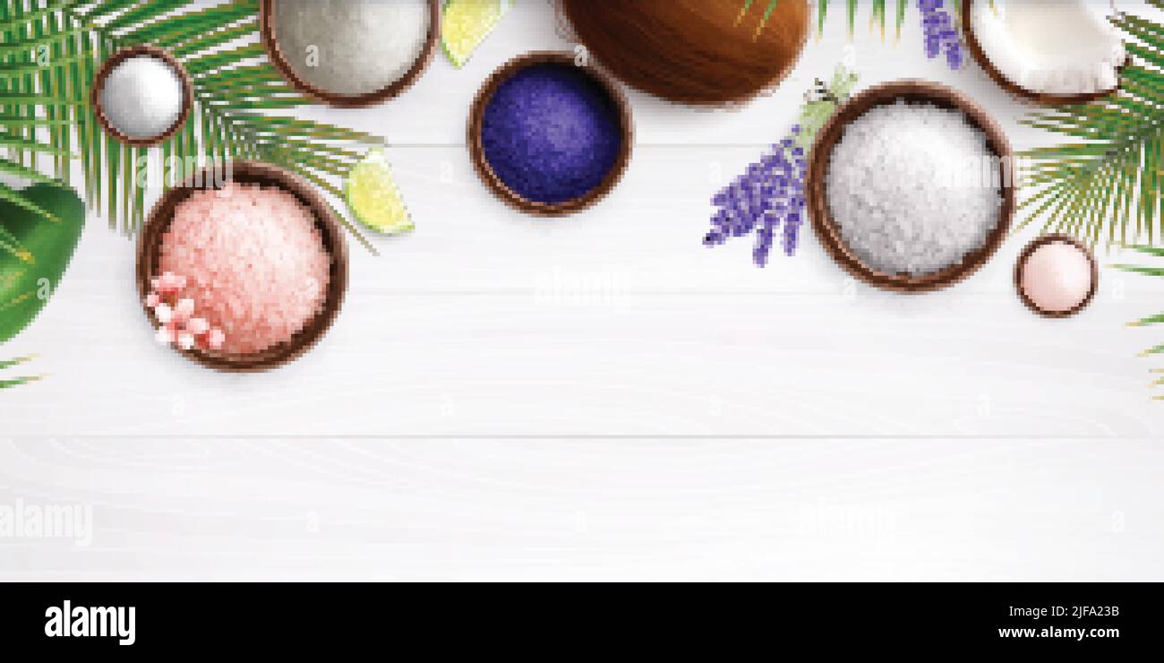 Spa salt composition with realistic images of palm leaves lemon slices ...