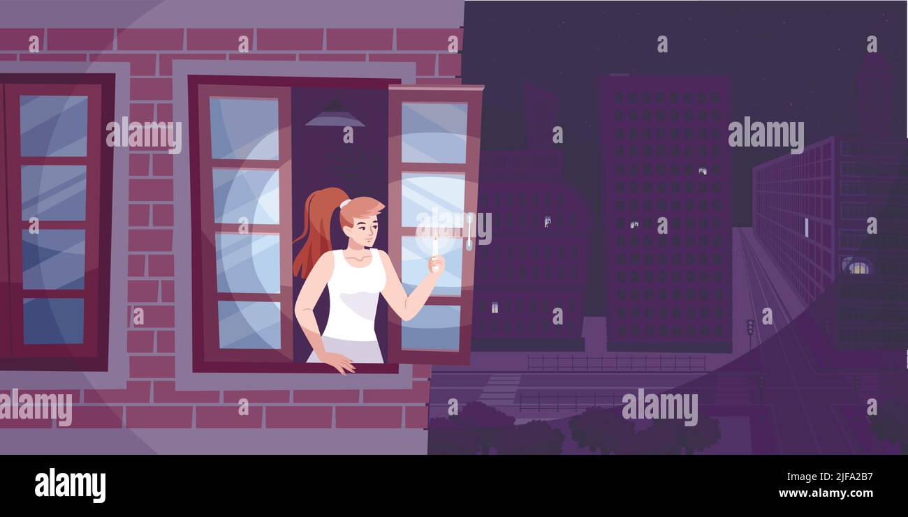 Power outage city composition girl looks out the window in the evening ...