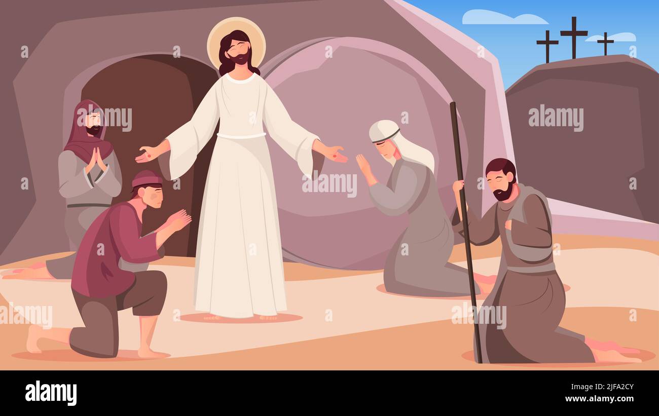Jesus resurrection and people near tomb cave exit flat vector ...