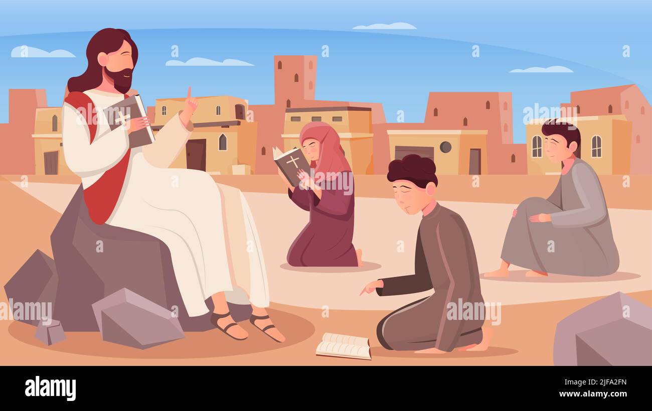 Jesus christ and children reading holy bible flat vector illustration ...