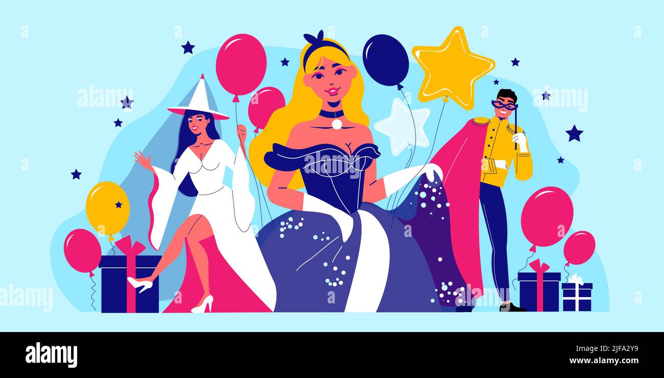 Carnival party composition with human characters in partysuits with ...