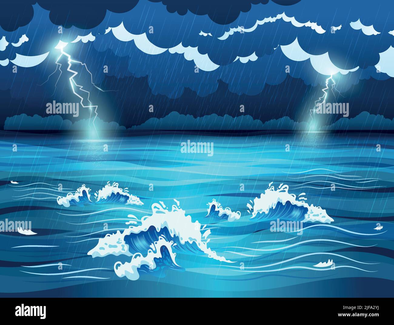 Sea waves and dark sky with lightnings during storm flat vector ...