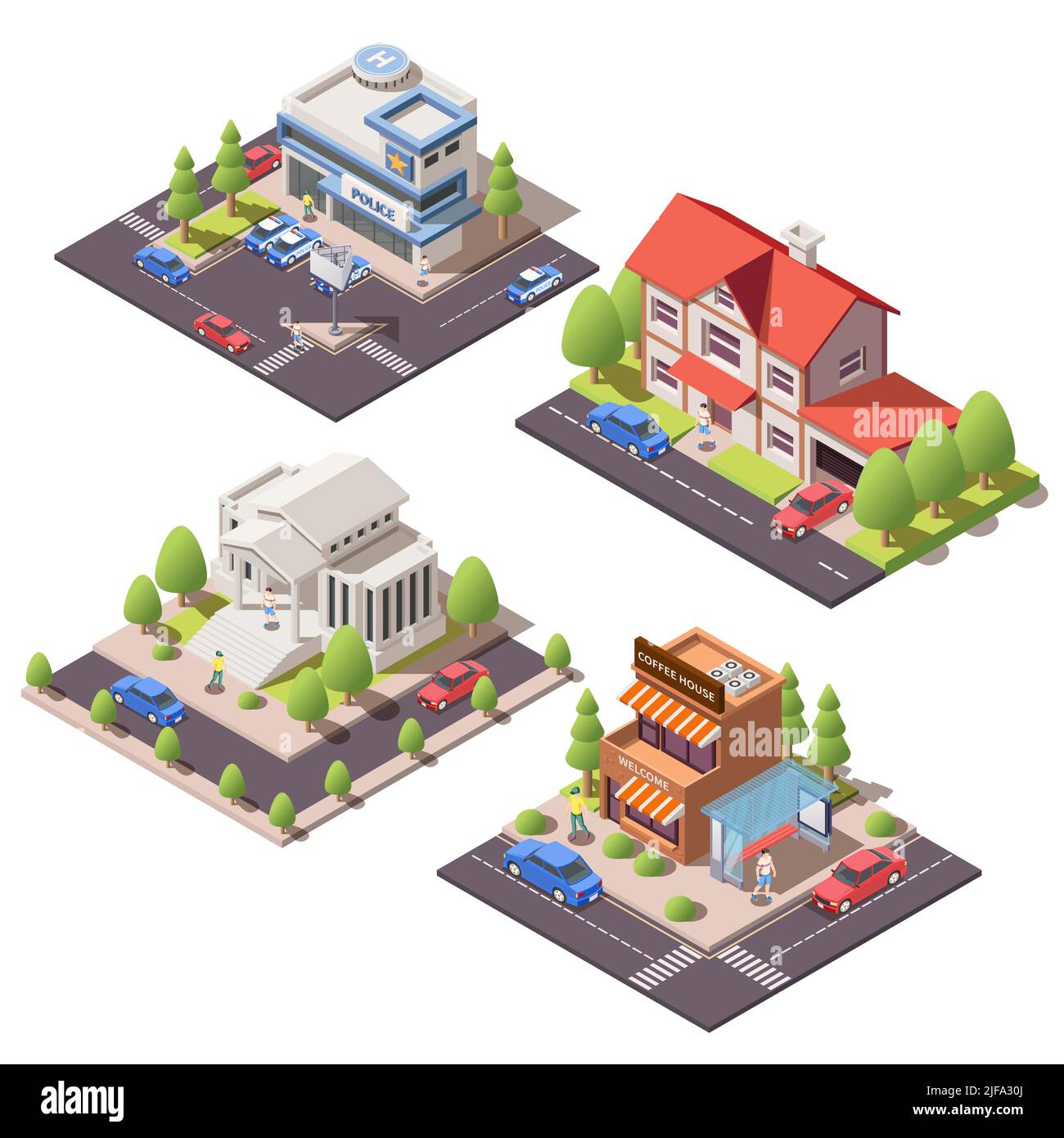 Set of isometric compositions with 3d modern city residential and ...
