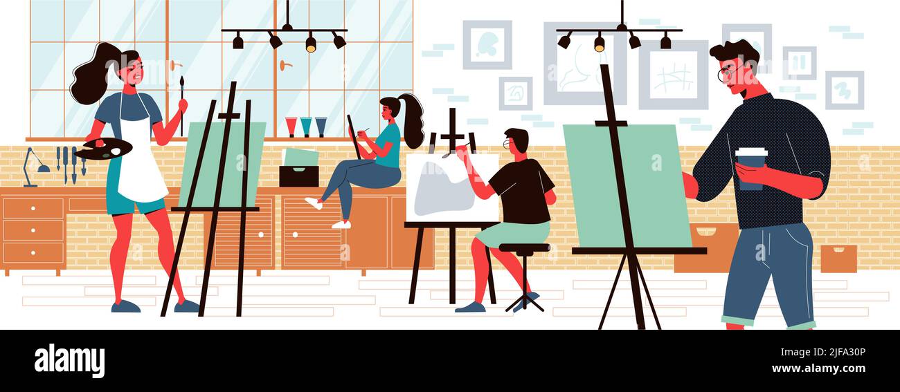 Artist illustration studio composition with indoor view of coworking ...