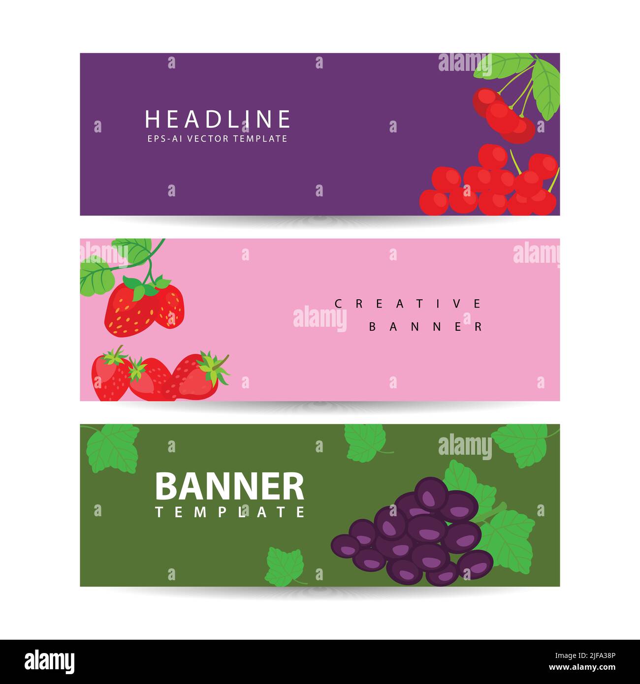 Set of horizontal banners with three berries and fruits vector ...