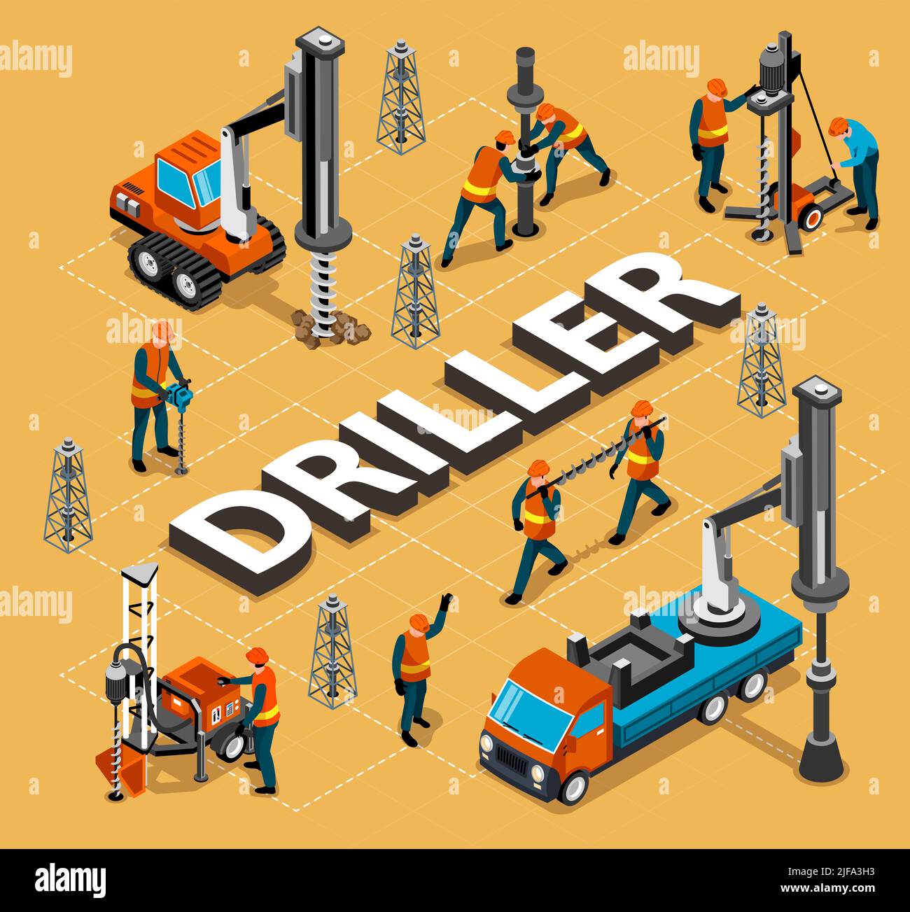 Petroleum industry driller engineer isometric background flowchart with ...