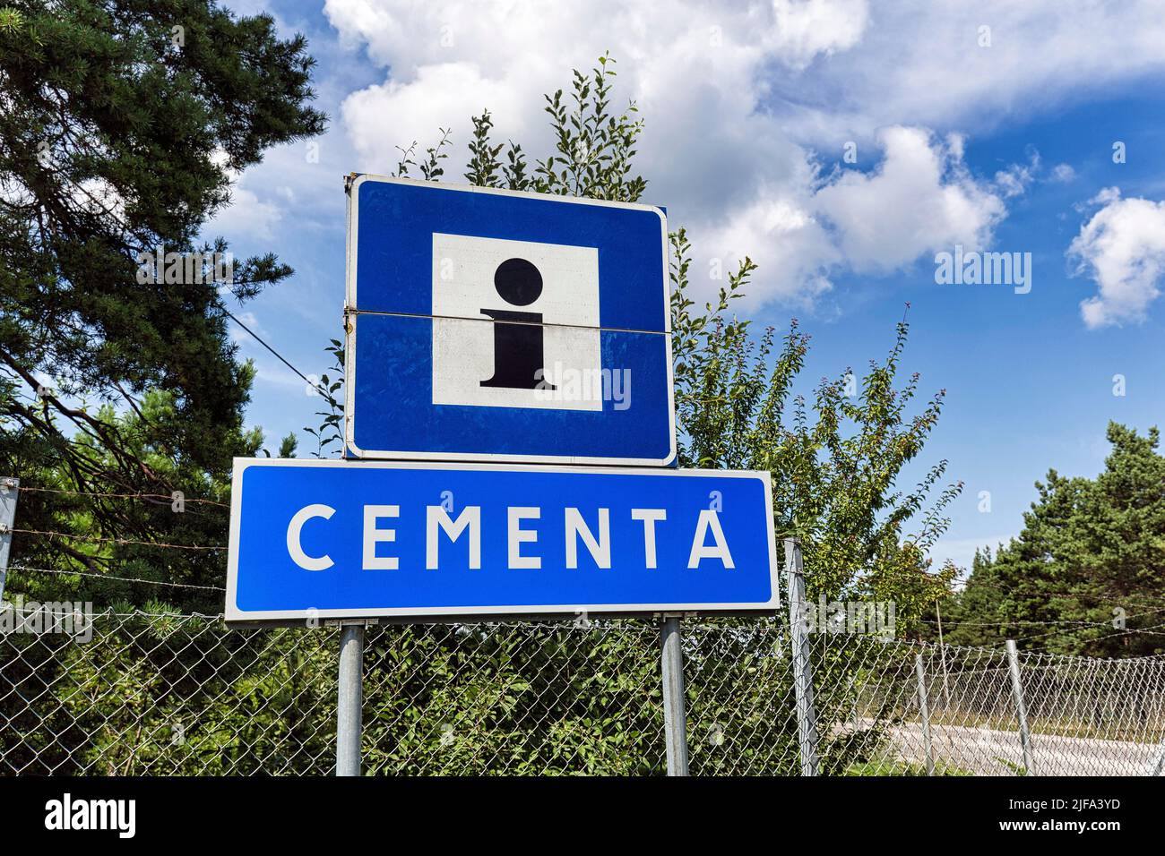 Blue signs, pictogram letter i, tourist information, inscription ...