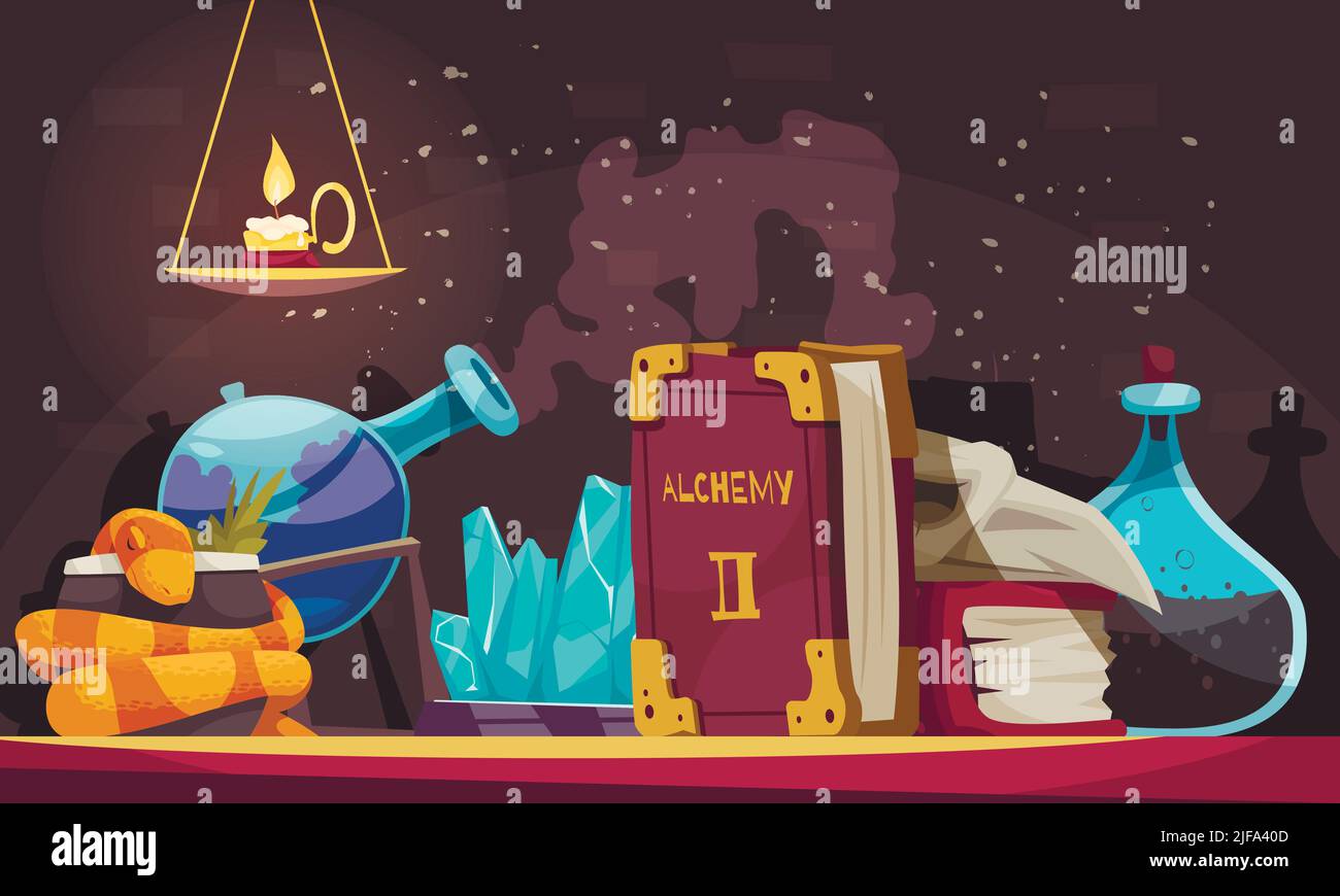 Magic objects with stones flasks alchemy book candle skull snake ...