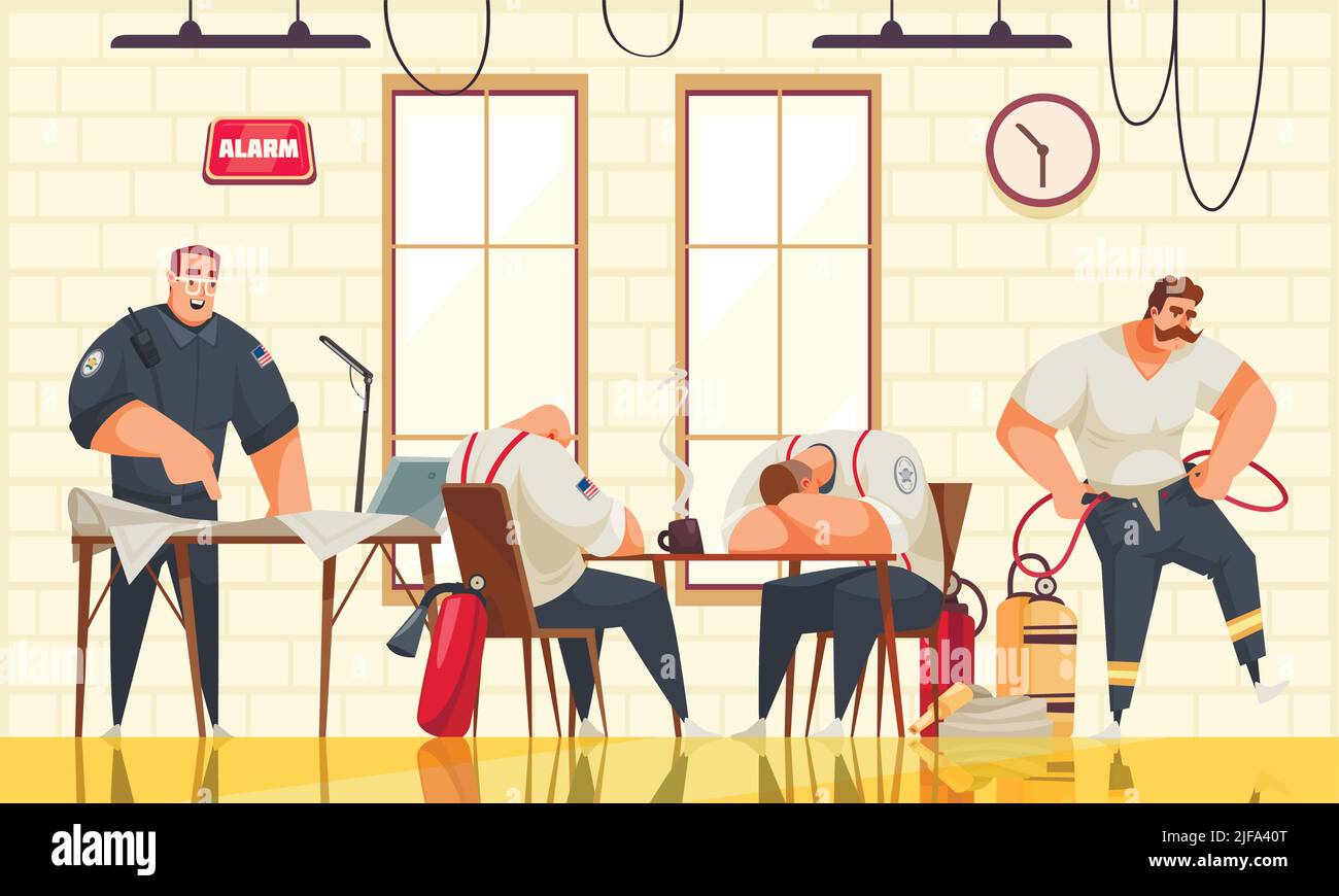 Four male firefighters having rest at fire station cartoon vector ...