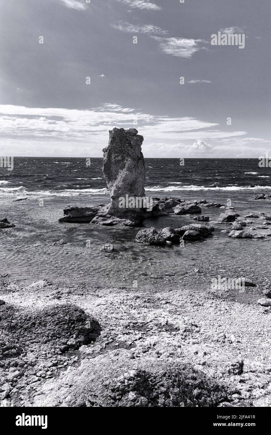 Rock needle on the coast, Raukar, limestone pillar in Digerhuvud nature ...