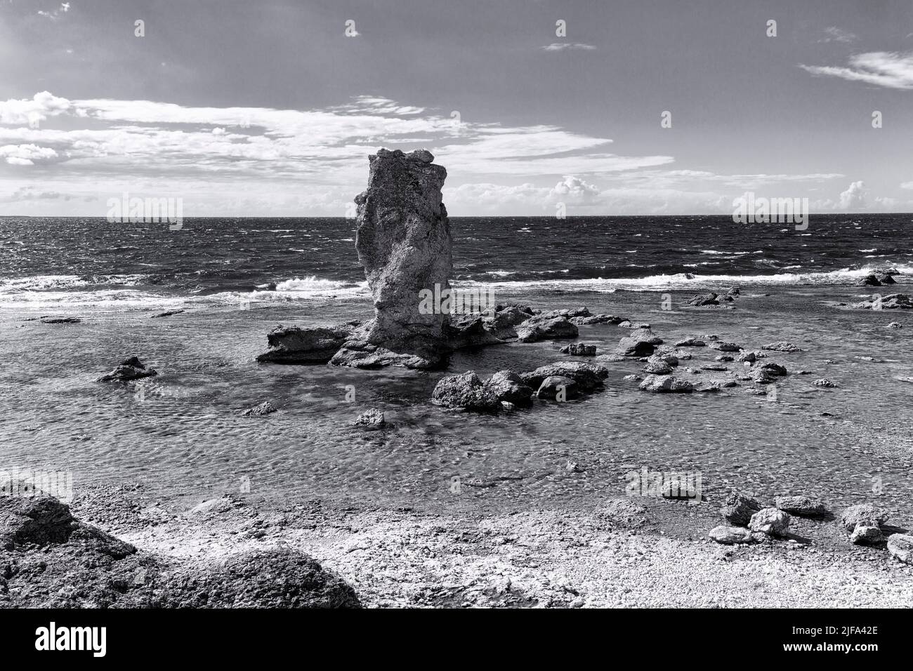 Rock needle on the coast, Raukar, limestone pillar in Digerhuvud nature ...