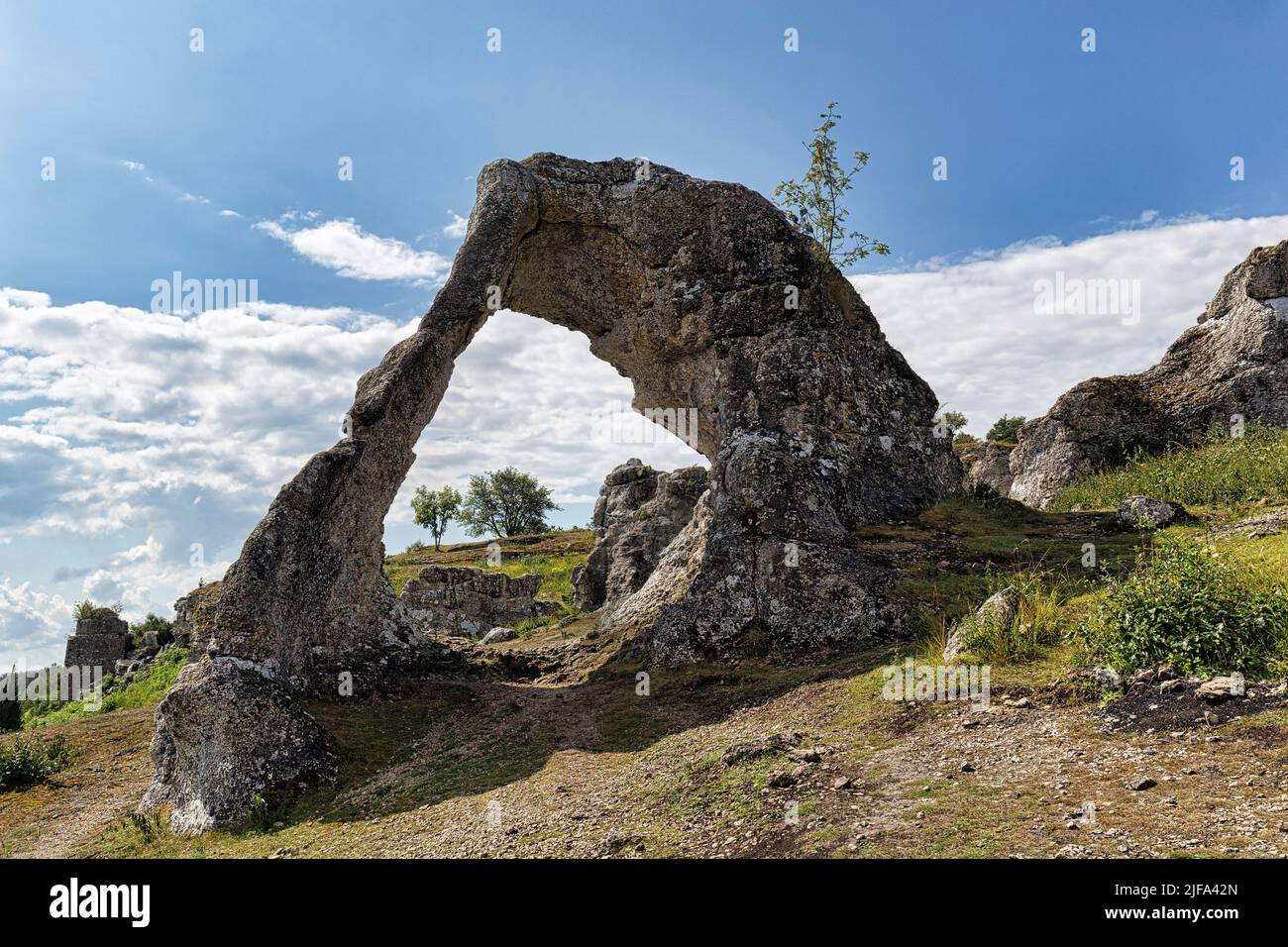 View through rock gate Lergravsporten, limestone formation in ...