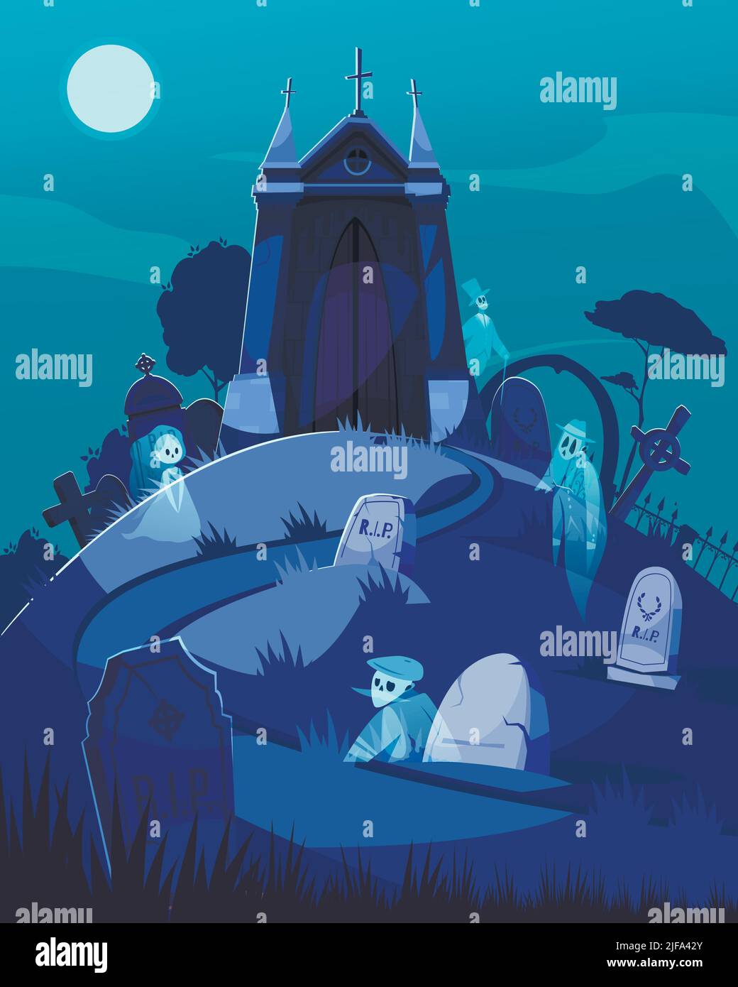 Old cemetery chapel and ghosts walking among tombstones cartoon vector ...